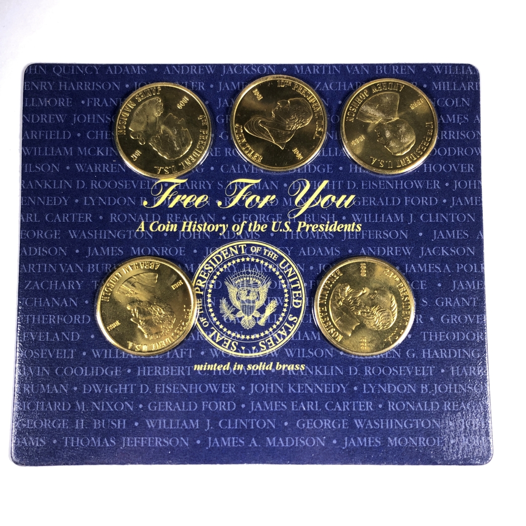 Lot of Five Presidential Brass Coins: Lincoln, Madison, Tyler, Johnson ...