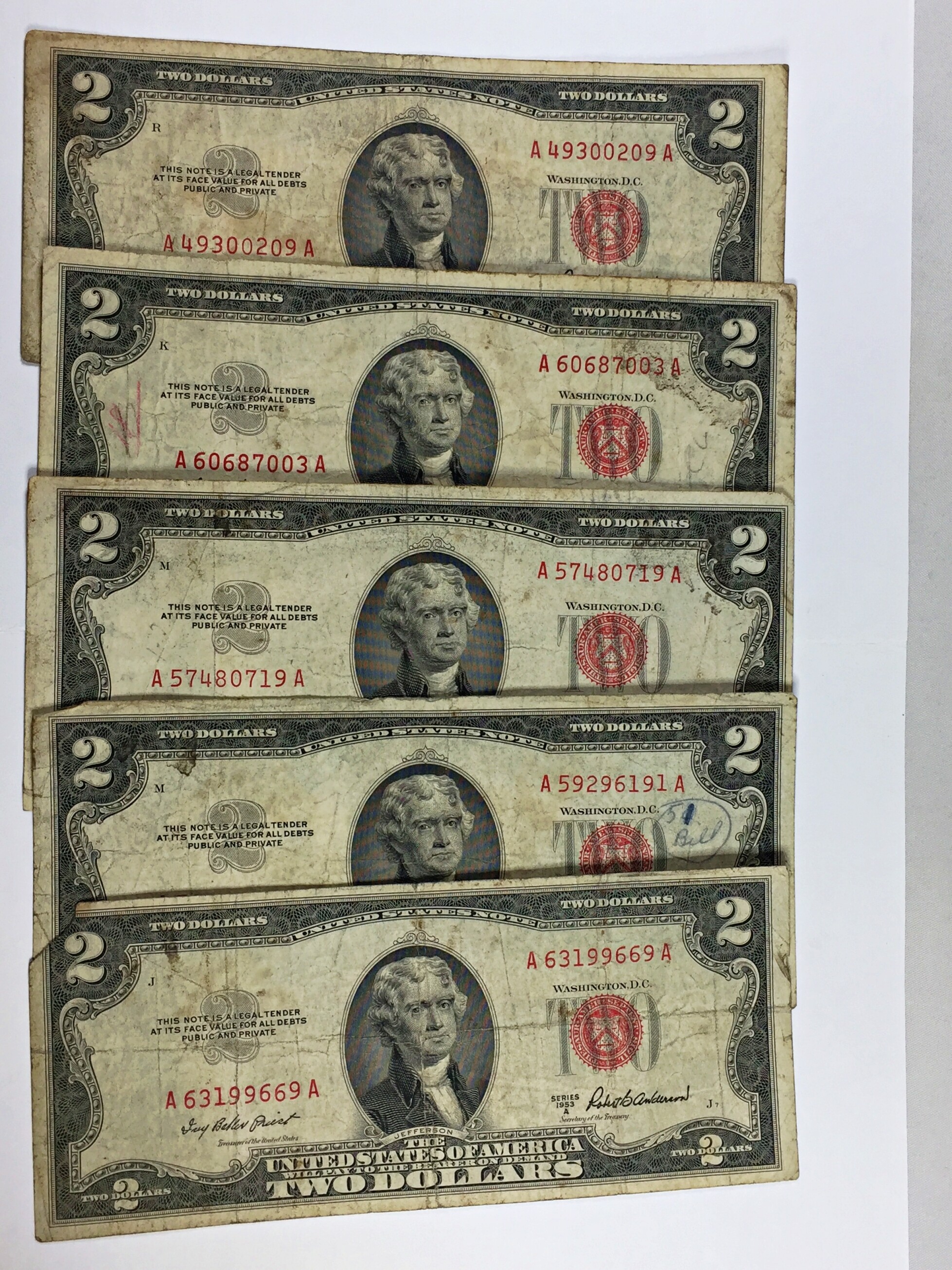 Lot of Five Series 1953 $2 United States Red Seal Notes*Circulated ...