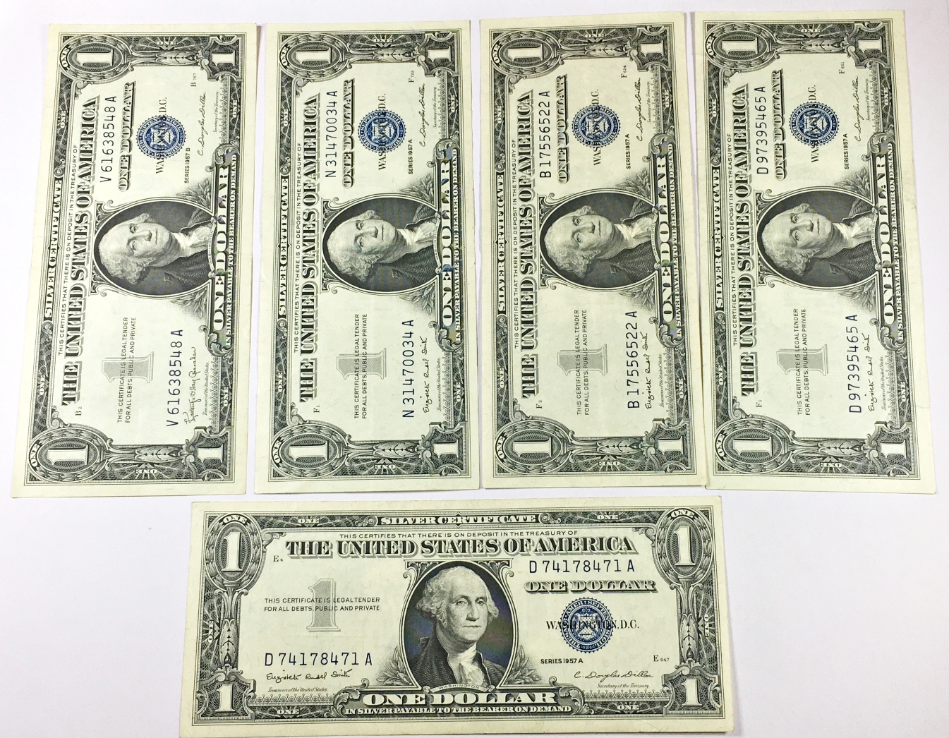 Lot of Five Series 1957 US Silver Certificate $1 Notes*Nice Crisp and ...