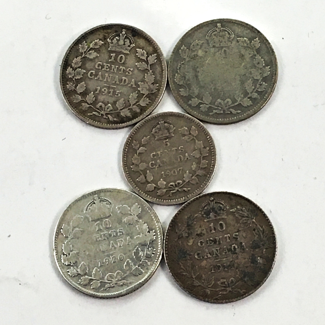 Lot of Five Silver Canadian Coins: Early 1900's Dimes and 1907 Nickel ...