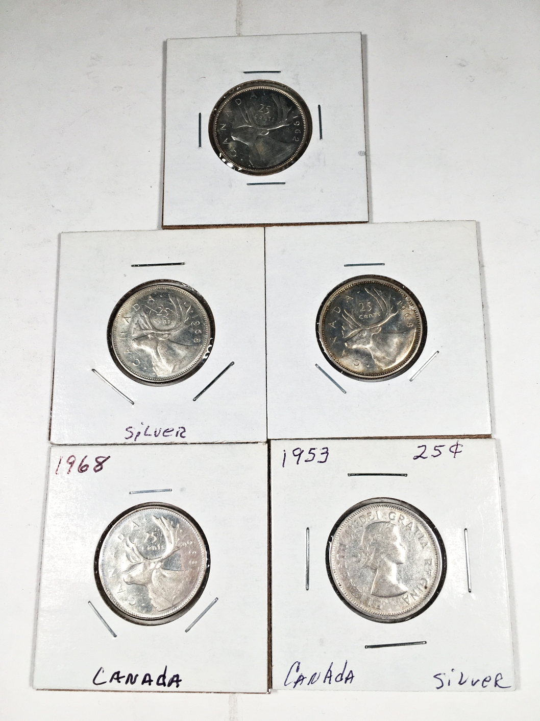 Lot of Five Silver Canadian Quarters: 1953, 1968, 1968, 1968 and 1962 ...