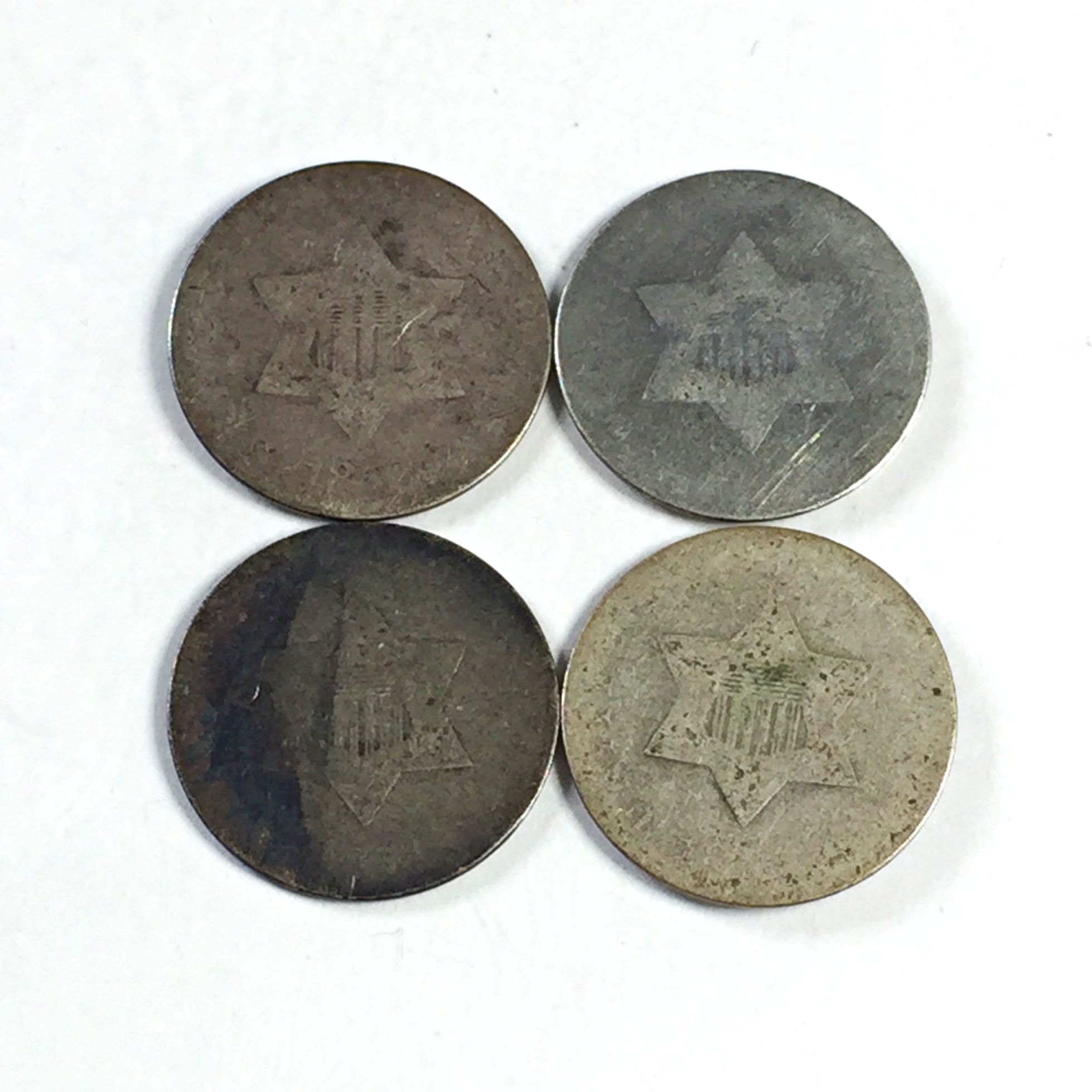 Lot of Four 1800's Silver 3 Cent Pieces*Undated | Property Room