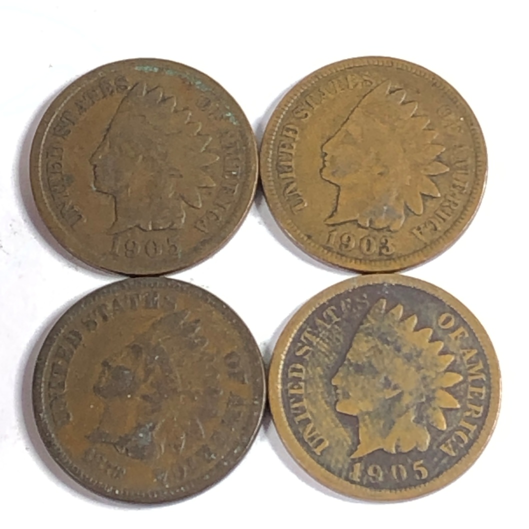 Lot of Four (4) Collector Grade Indian Head Cents: 1873, 1905, 1903 and ...