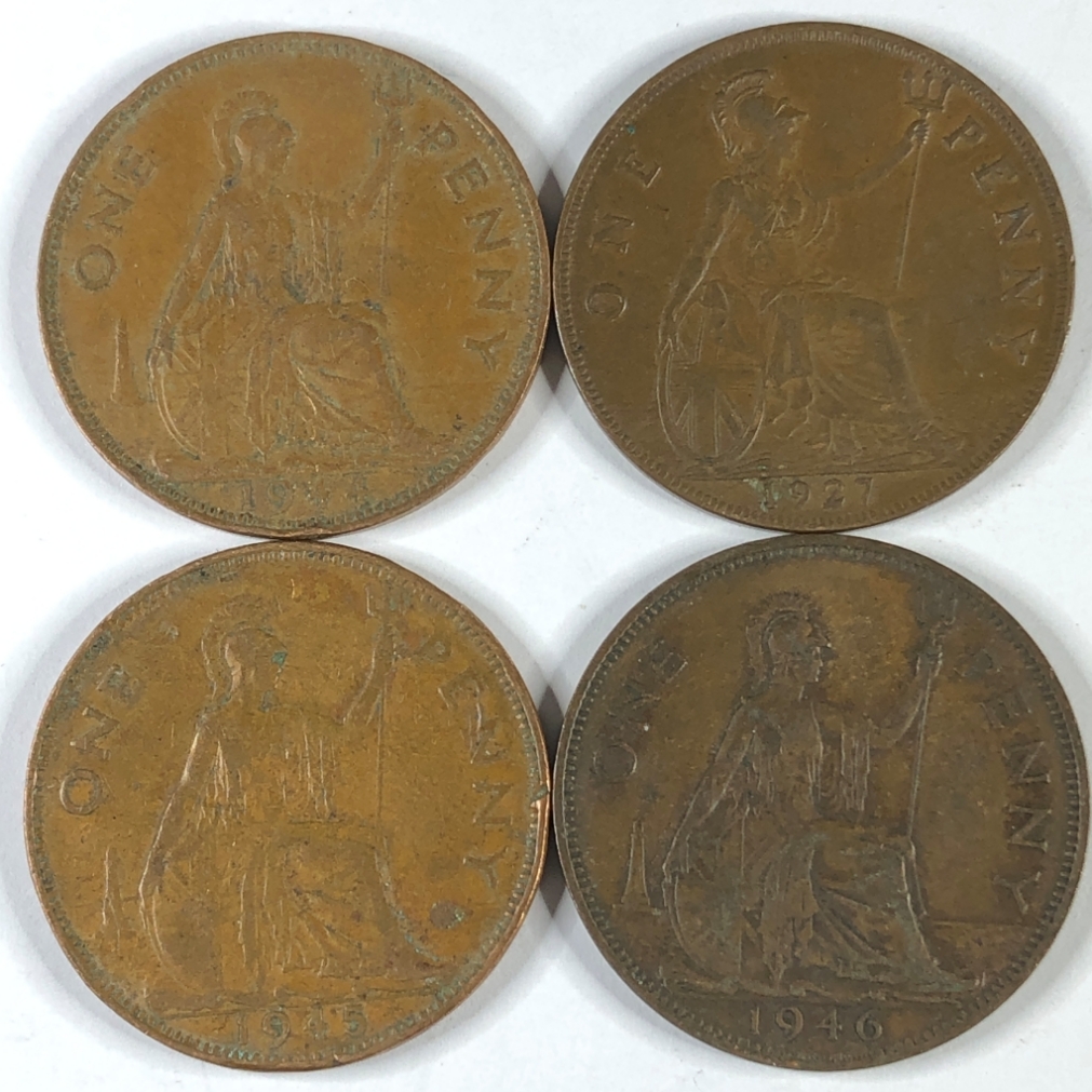 Lot of Four (4) Great Britain One Penny Coins: 1946,1927, 1944 and 1945 ...