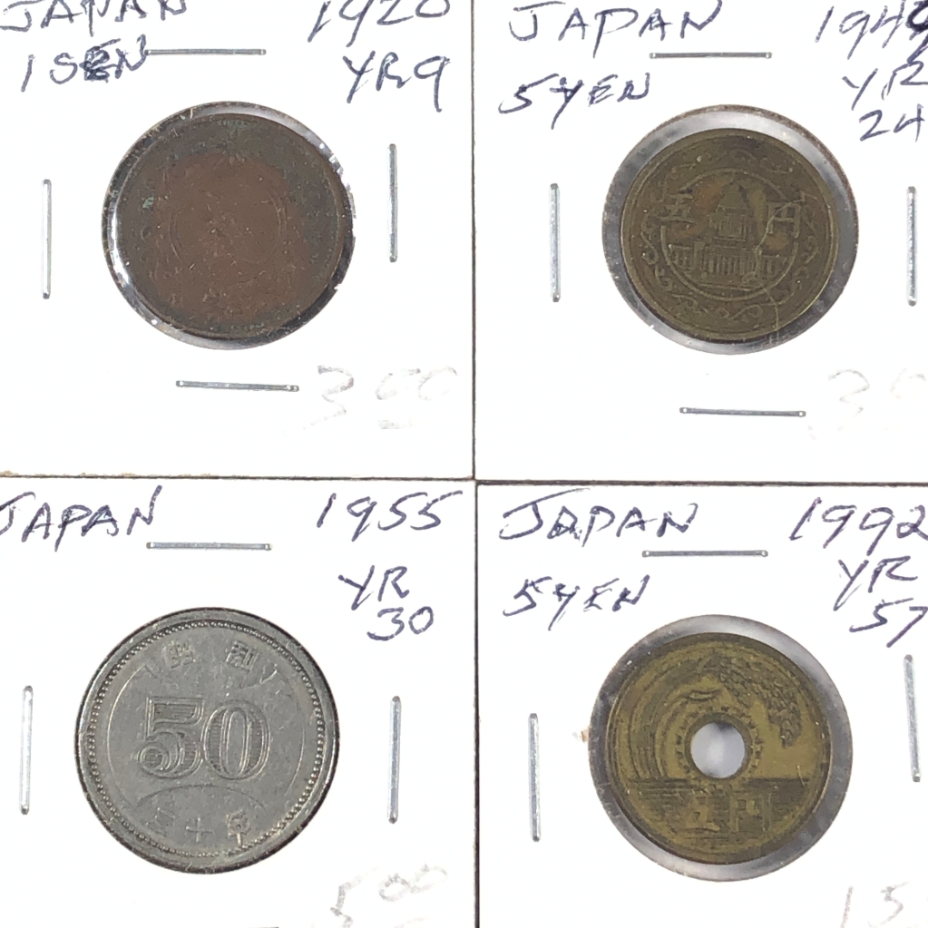 Lot of Four (4) Japanese Coins: 1920 1 Sen, 1955 50 Sen, 1992 5 Yen and ...