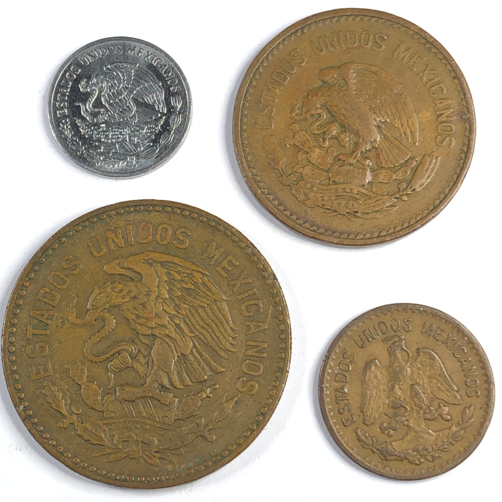 Lot of Four (4) Mexican Coins: 2000Mo 10 Cents, 1945Mo 1 Cent, 1944 20 ...
