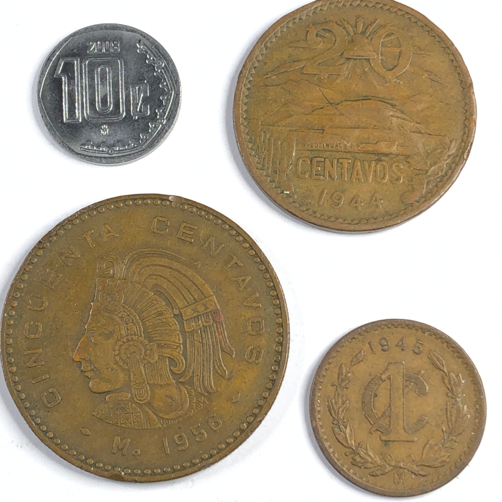 Lot of Four (4) Mexican Coins: 2000Mo 10 Cents, 1945Mo 1 Cent, 1944 20 ...