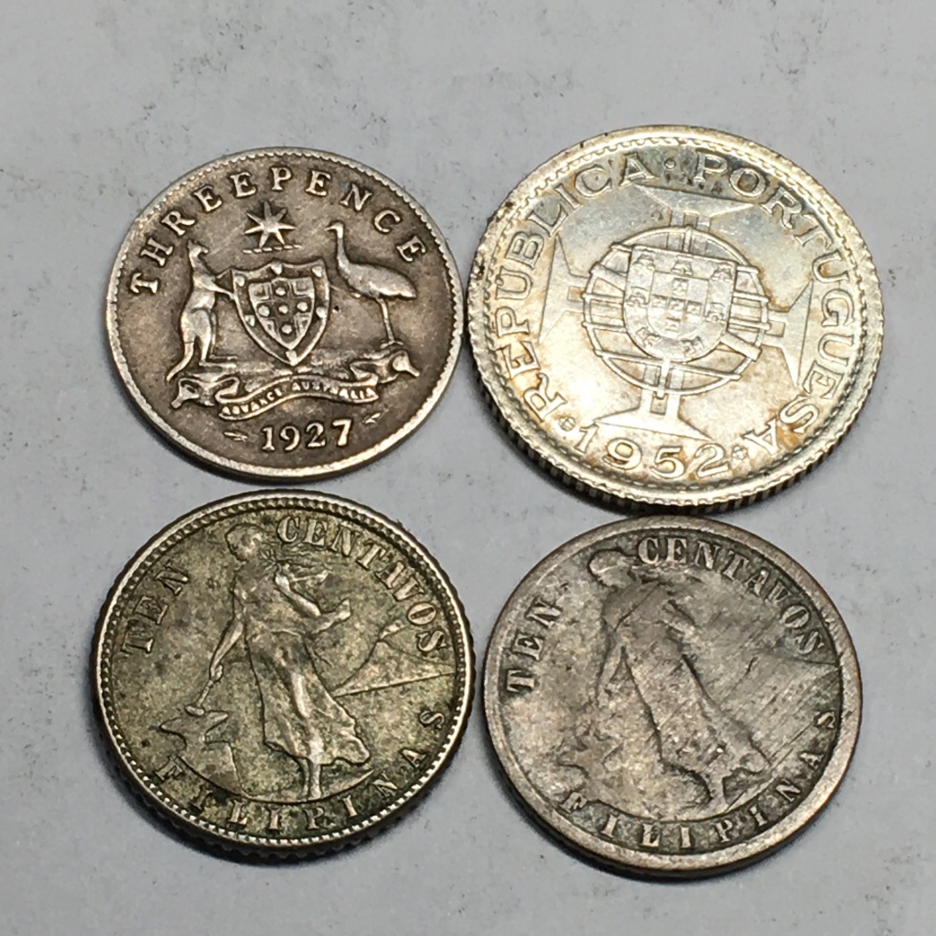 Lot of Four (4) Silver World Coins: 1952 Macau Pataca1927 British 3 ...