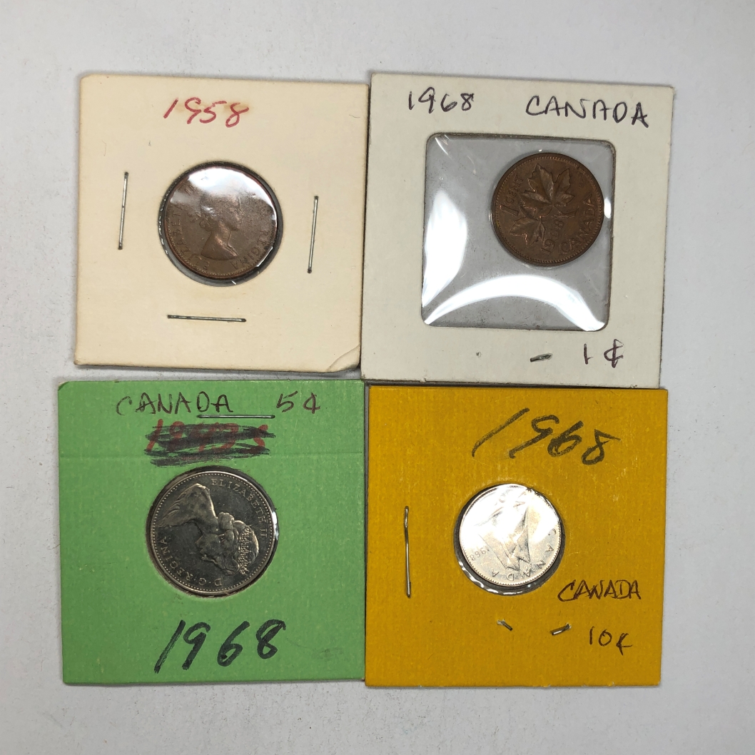 Lot of Four Canadian Coins: 1968 5c, 1958 1c, 1968 1c and 1968 10c ...