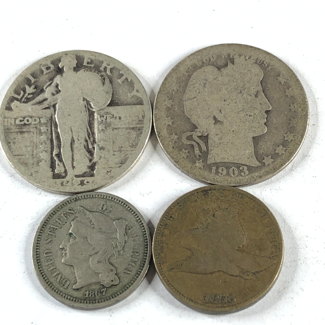 Lot of Four Type Coins: Barber and Standing Liberty Silver Quarters ...