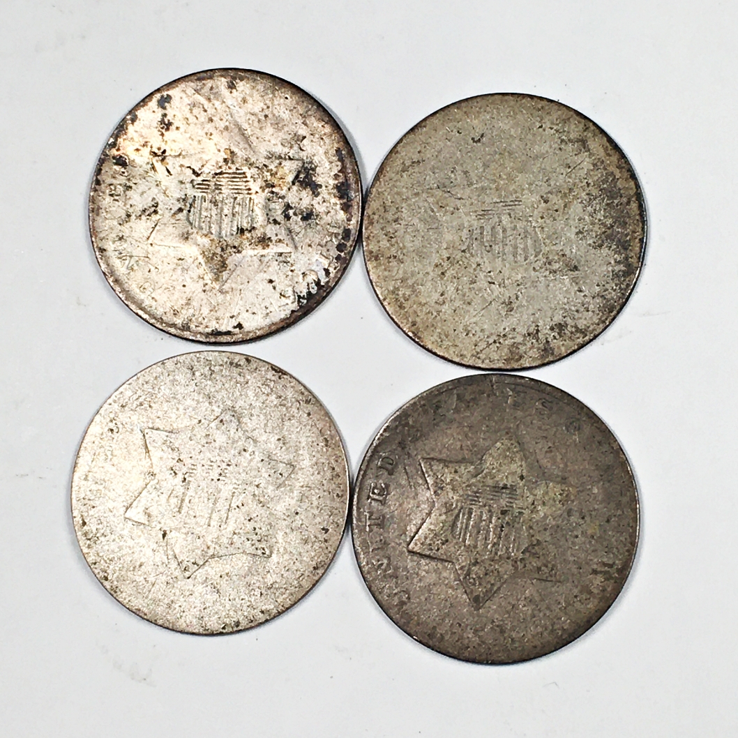 Lot of Four Undated (1800's) Silver 3 Cent Pieces | Property Room