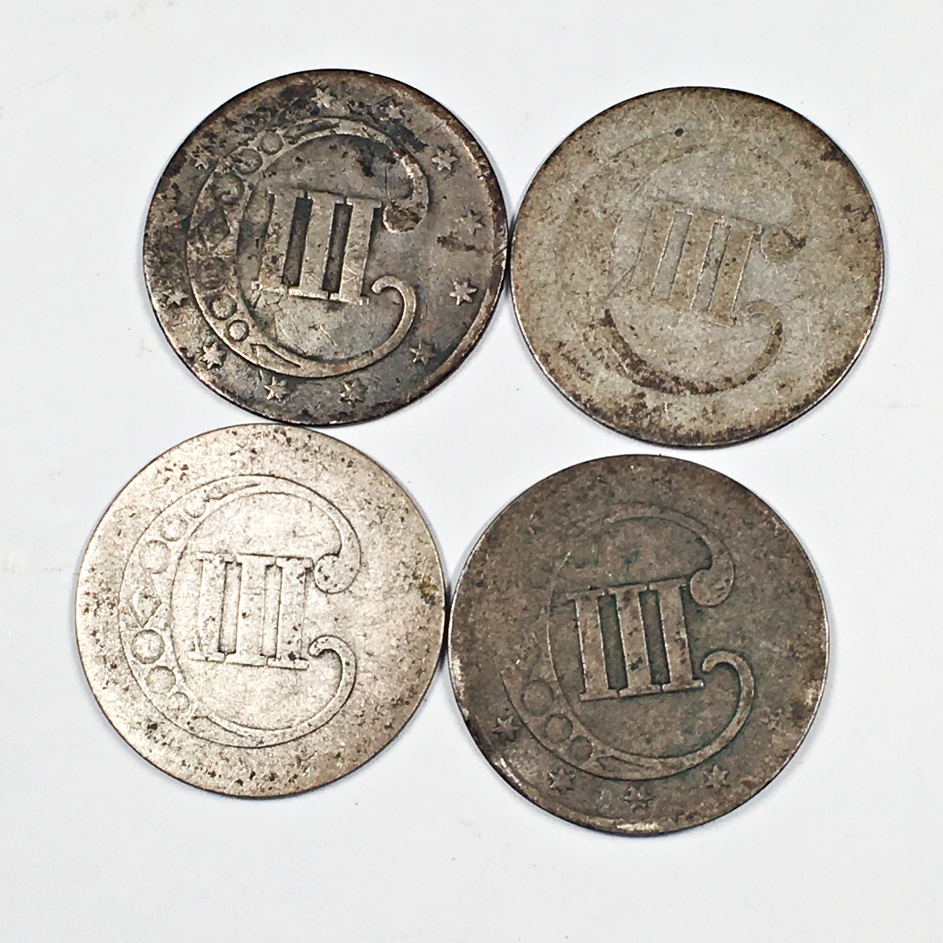 Lot of Four Undated (1800's) Silver 3 Cent Pieces | Property Room