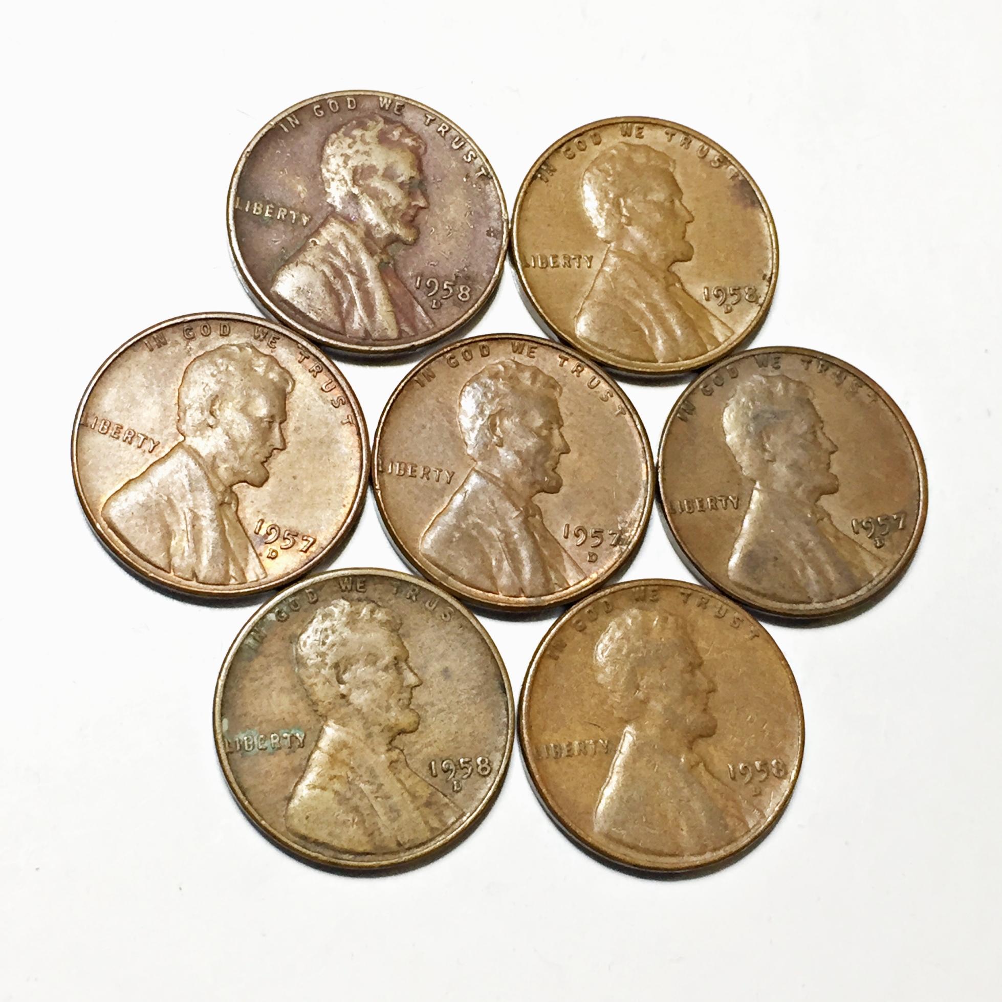 Lot of Seven 1957-D and 1958-D Lincoln Head Wheat Cents*Various Grades ...