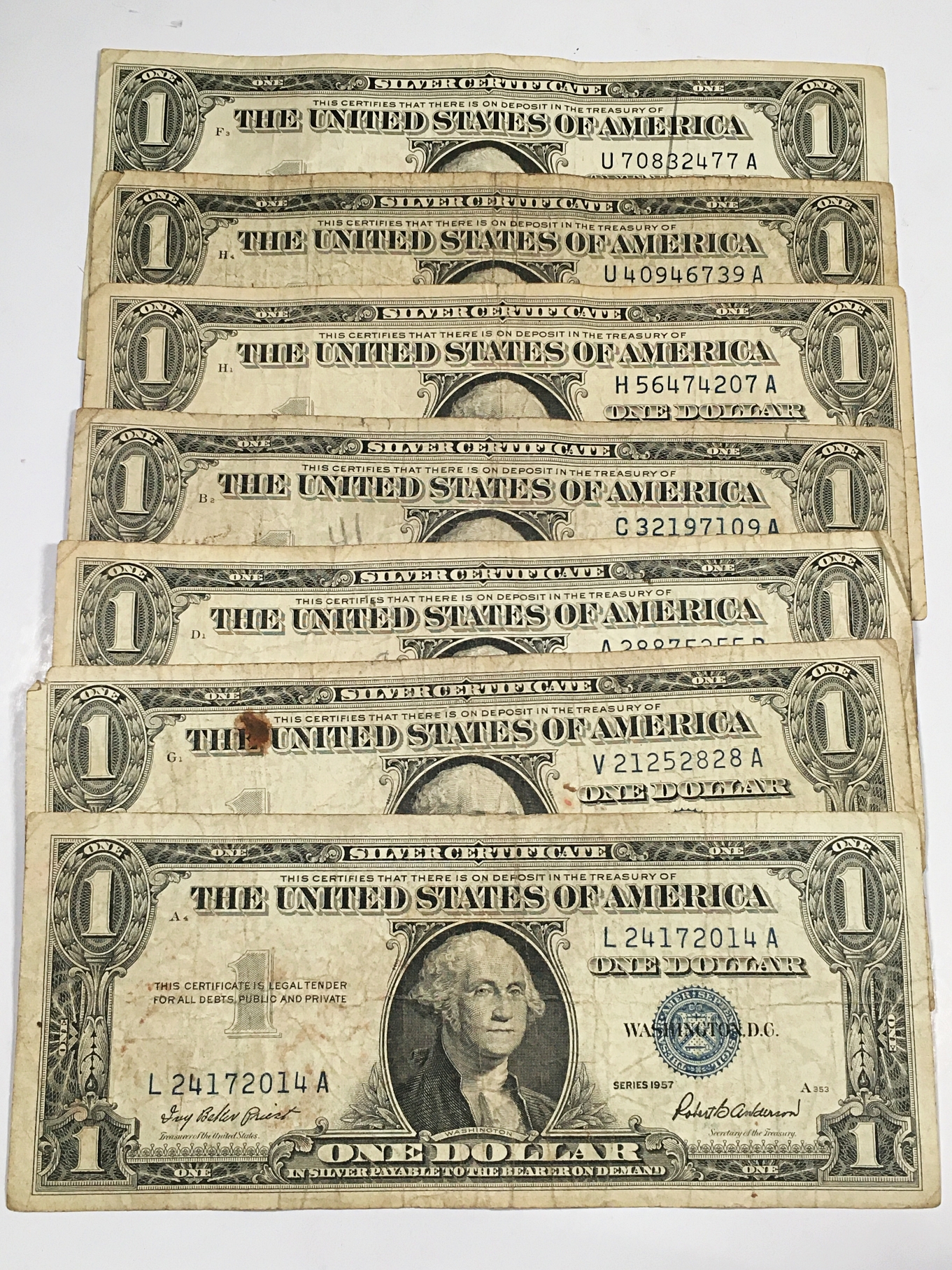 Lot of Seven (7) Series 1957 $1 Silver Certificates*Circulated ...