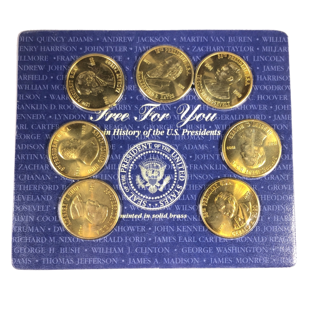 Lot of Seven Presidential Brass Coins: Adams, Kennedy, Taylor, Hayes ...