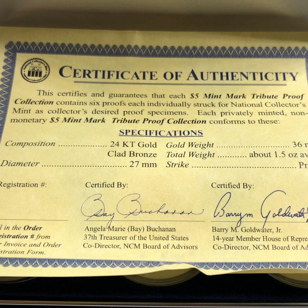 Lot of Six $5 Mint Mark Tribute Proof Coins*24K Gold Layered*In Velvet Gift Case*27mm Replicas ...
