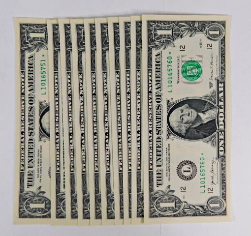 Lot of Ten $1 CONSECUTIVELY NUMBERED Federal Reserve STAR notes*Series ...