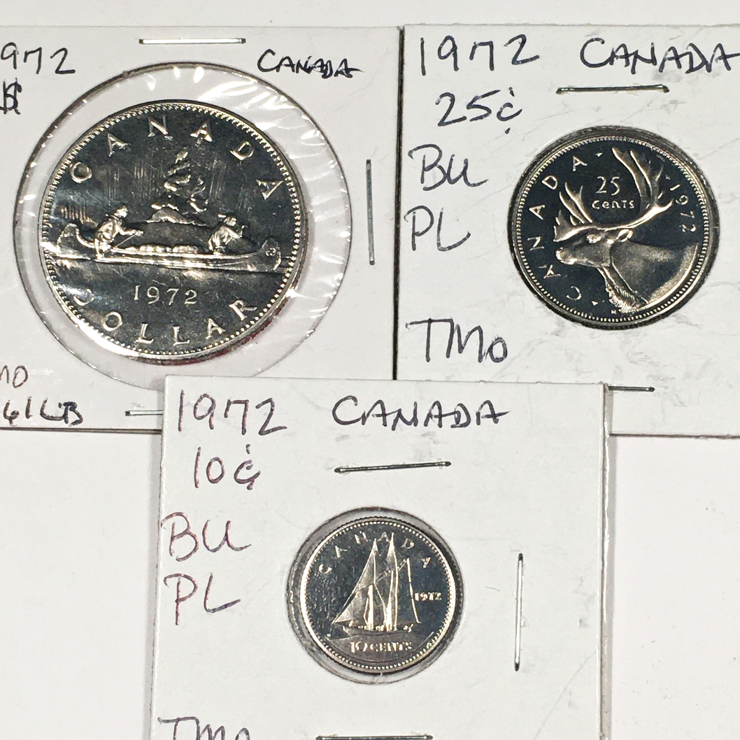 Lot of Three 1972 Canadian Coins*High Grade Proof-Like* $1, 25 Cents ...