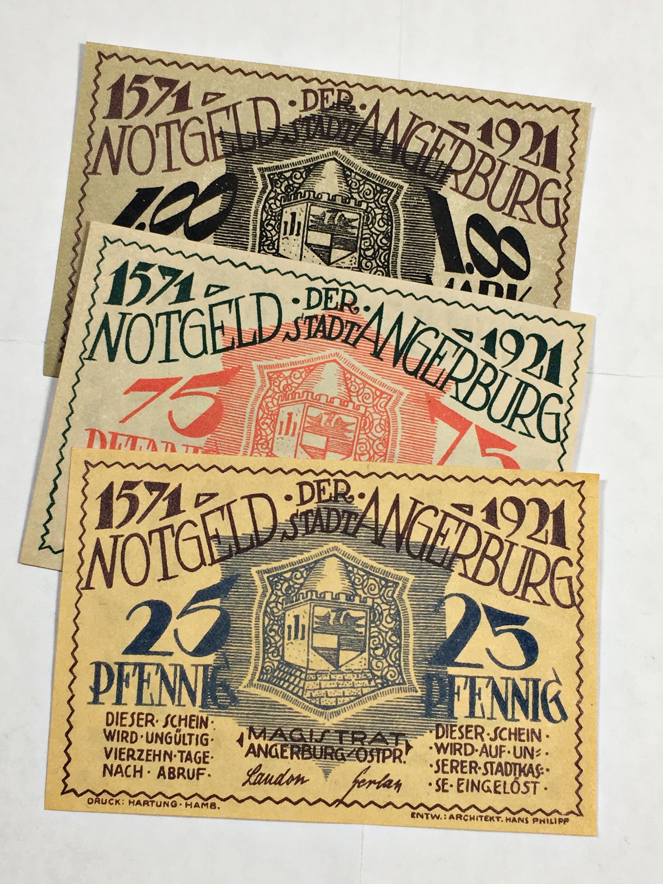 Lot of Three (3) German Notgelds (EMERGENCY ISSUE GERMAN CURRENCY): 1 ...