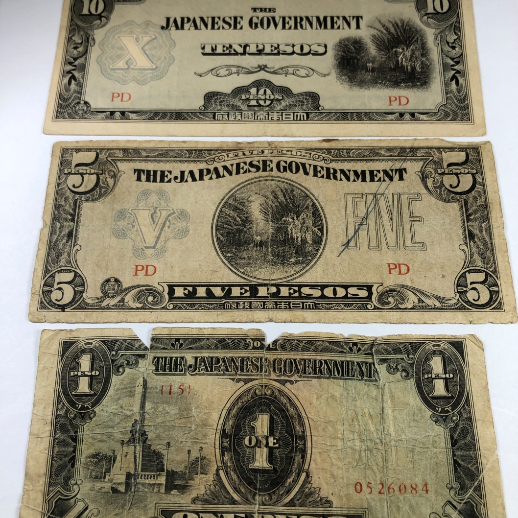 Lot of Three Japanese Government Banknotes: 1 peso, 10 Pesos and 5 ...