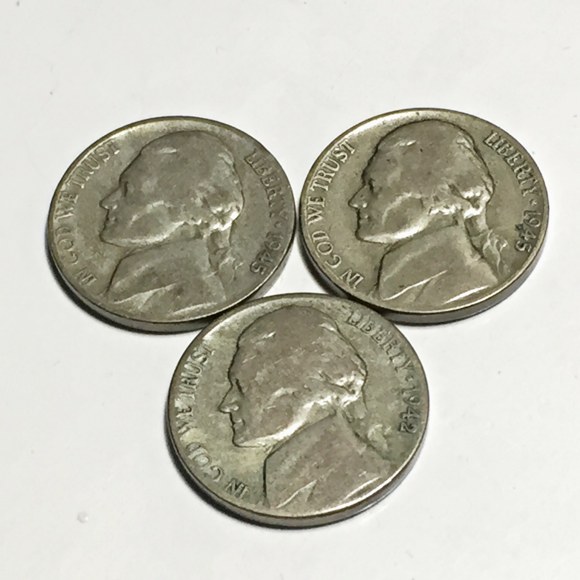 Lot of Three Silver Wartime Nickels*1945-S, 1942-S and 1945-P ...