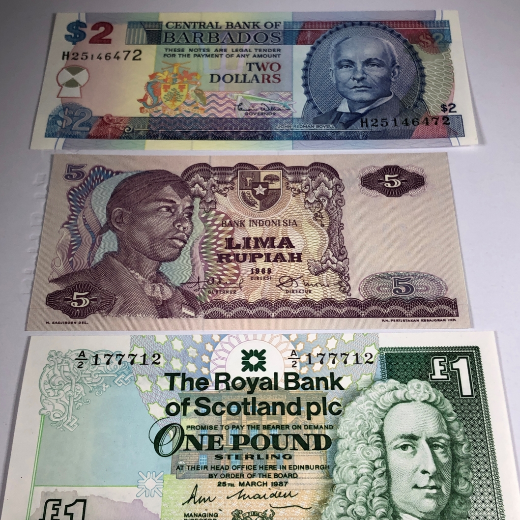 Lot of Three World Bank Notes: Barbados, Indonesia and Scotland ...