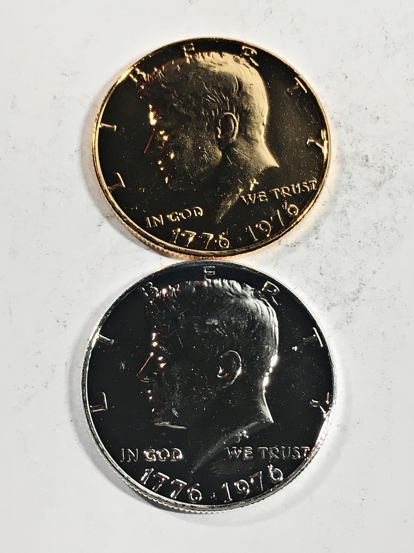 Lot of Two (2) 1976 US Bicentennial Kennedy Half Dollars: Gold and Silver Layered*Proof ...