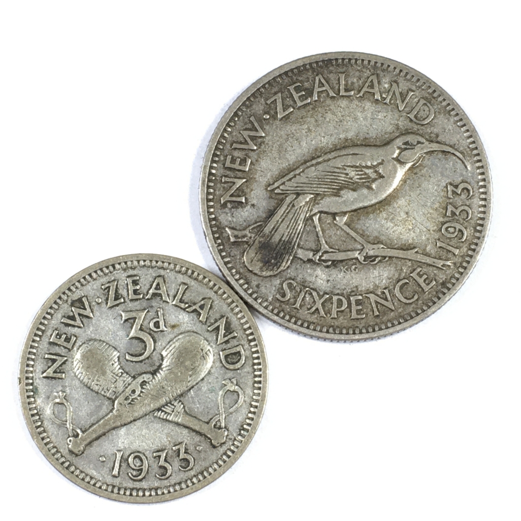 Lot of Two (2) Silver New Zealand Coins: 1933 Six Pence and 1933 Three ...