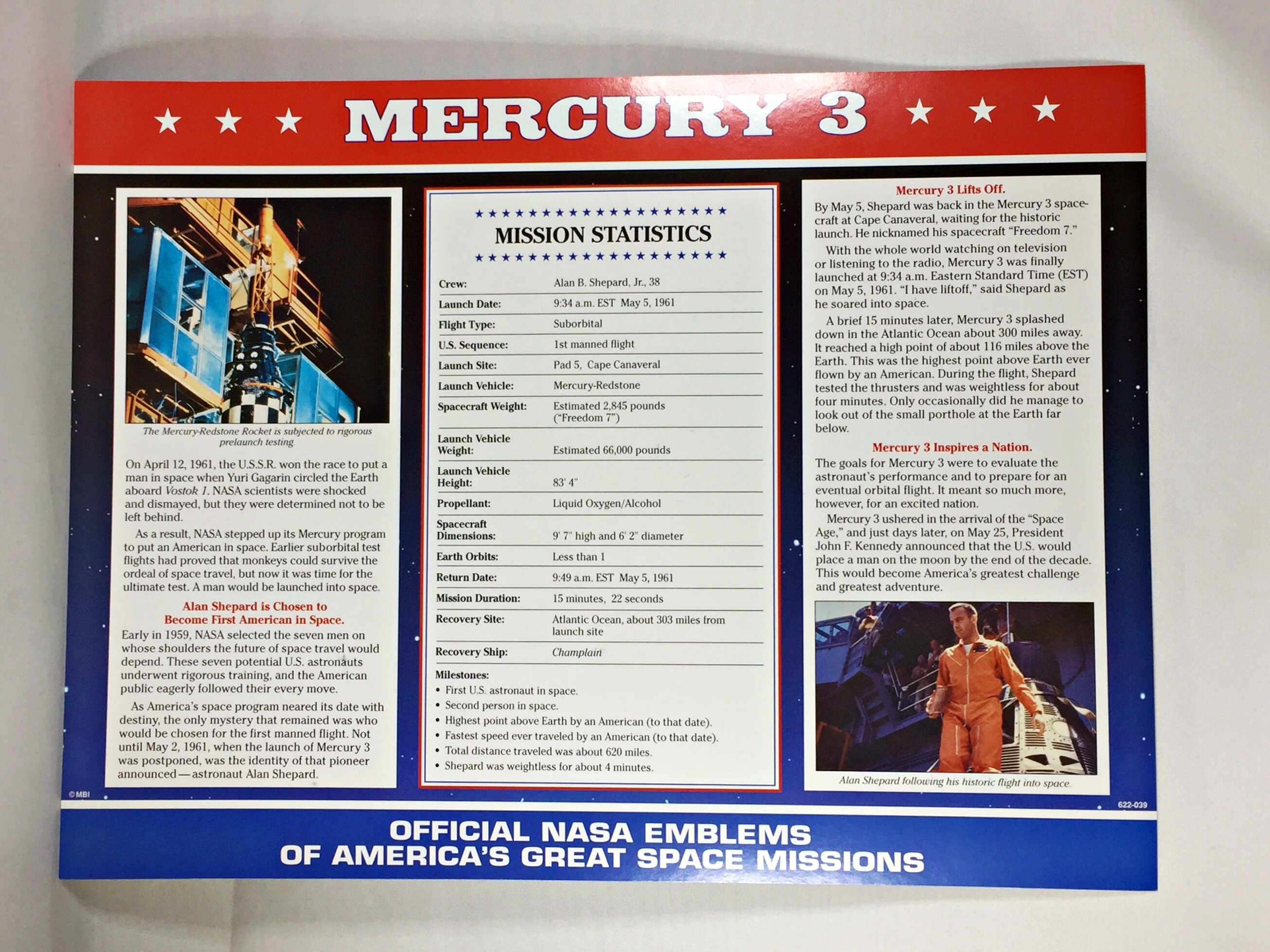 MERCURY 3 (FREEDOM 7) NASA Space Mission Emblem Patch*Encased in 9" x ...