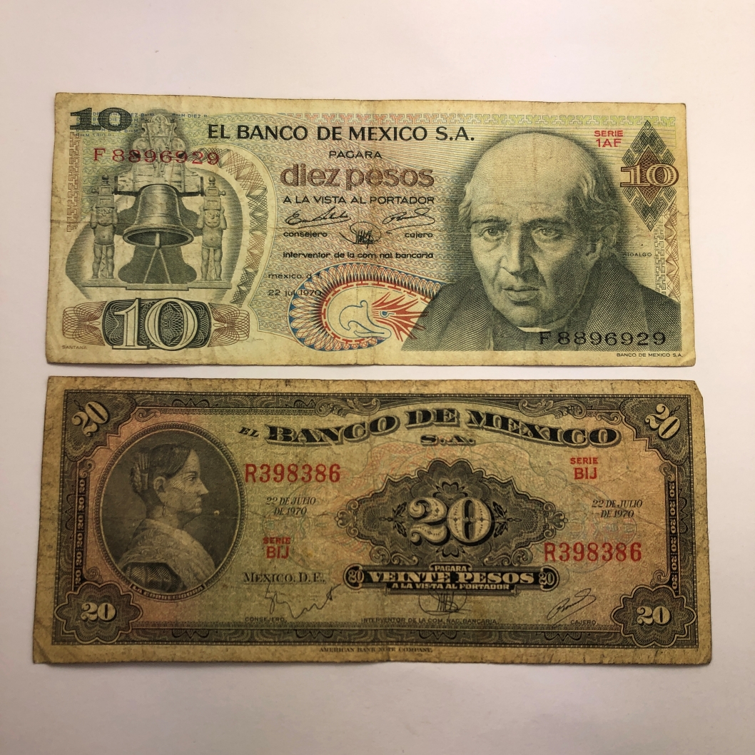 Mexico 10 Pesos and 20 Pesos Banknotes in Protective Sleeve | Property Room
