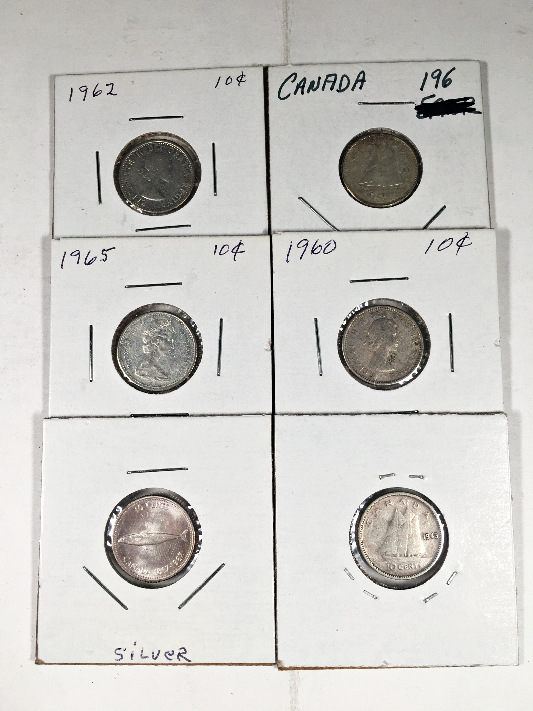MINT ERROR*Lot of Six Canada Silver 10 Cent Coins: Partial Date 196, 1960, 1943, 1962, 1965 ...