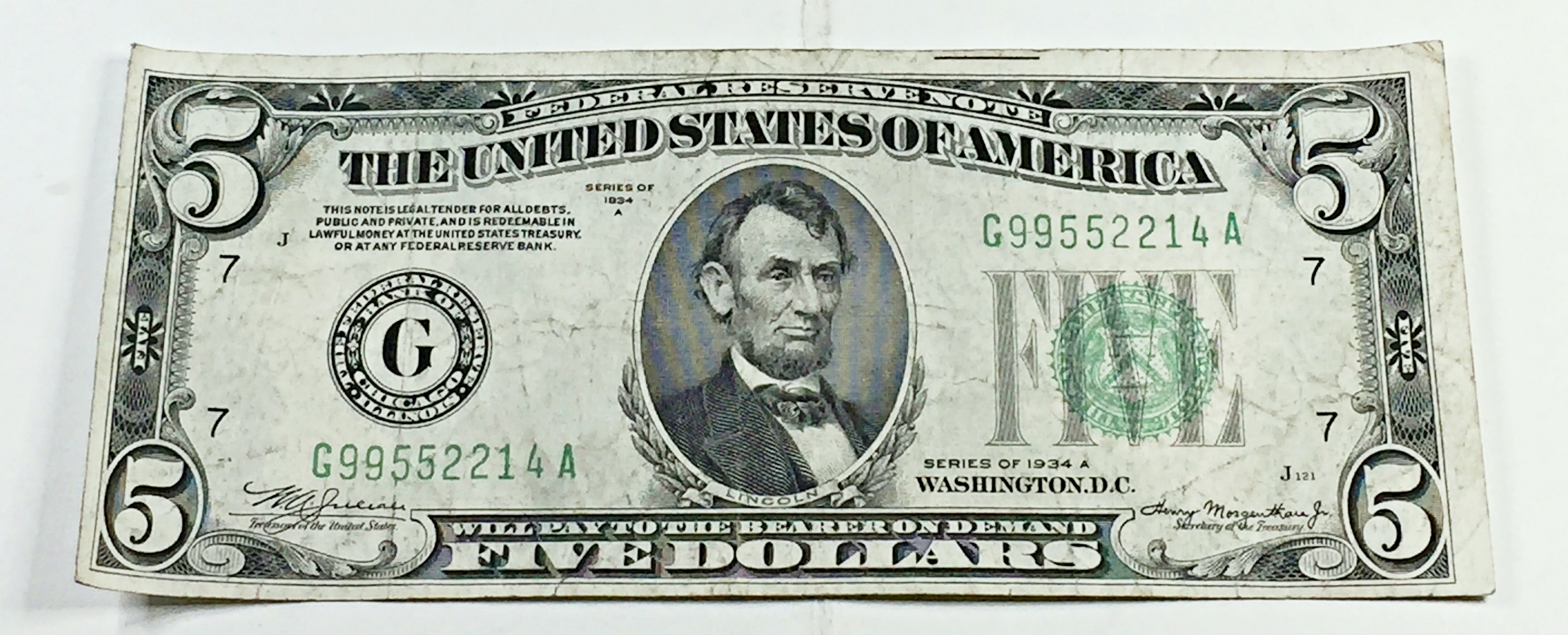 MISCUT Series 1934A $5 Federal Reserve Note; Chicago, IL*Circulated ...