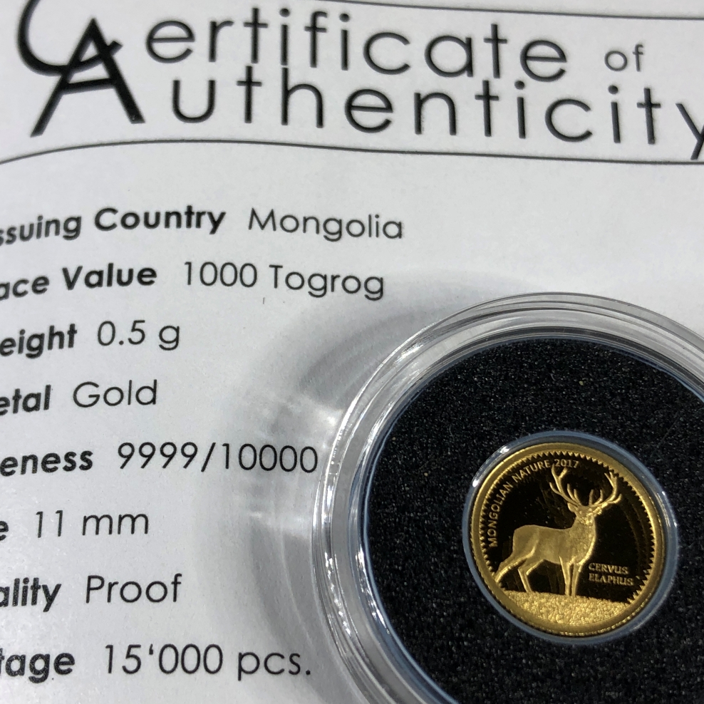 Mongolia GOLD Proof 1000 Togrog .5 gram 9999 Fine Gold Protective ...