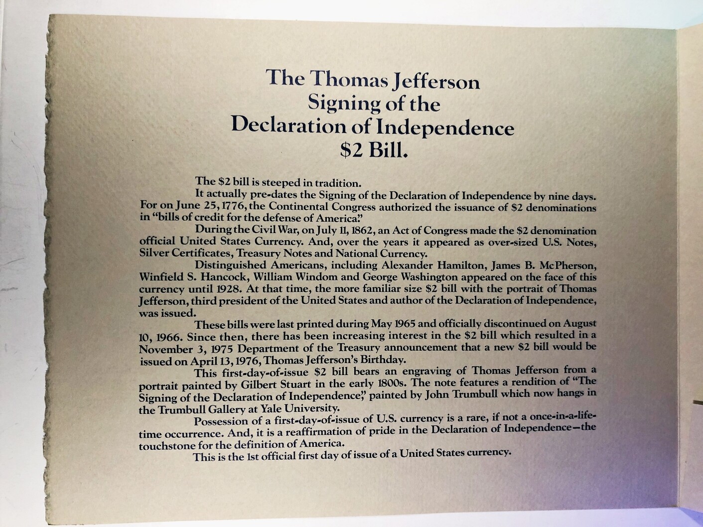 Official First Day of Issue of the Bicentennial Two Dollar Bill*April ...