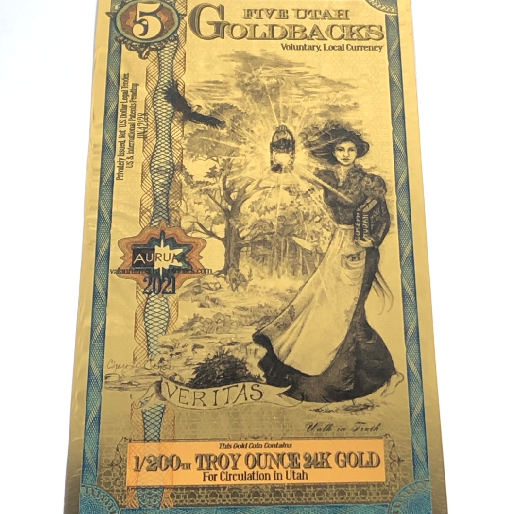 One 5 Utah Goldbacks*1/200 Troy Ounce of 24K Gold*For Circulation in ...