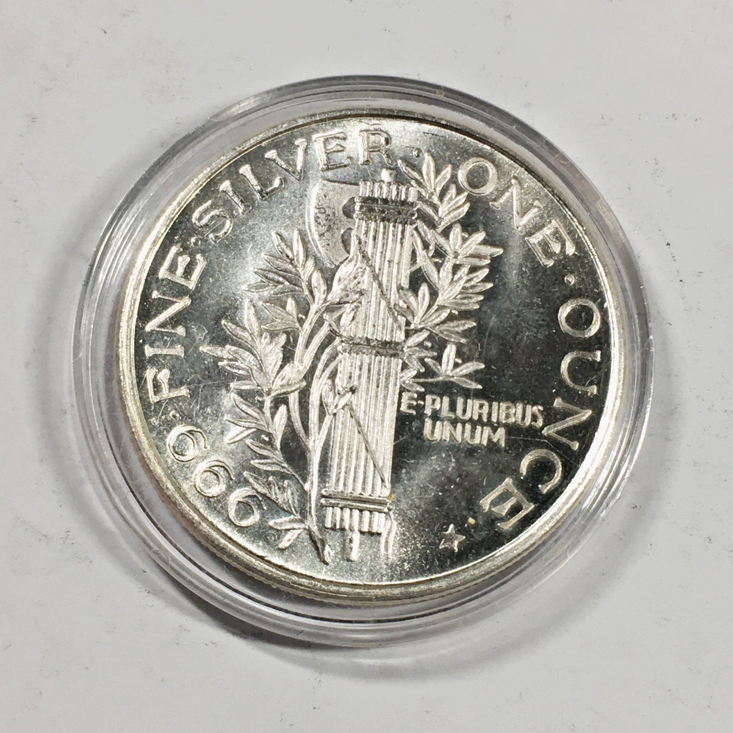 One Troy Ounce .999 Fine Silver Round*Mercury Dime Design*In Capsule ...