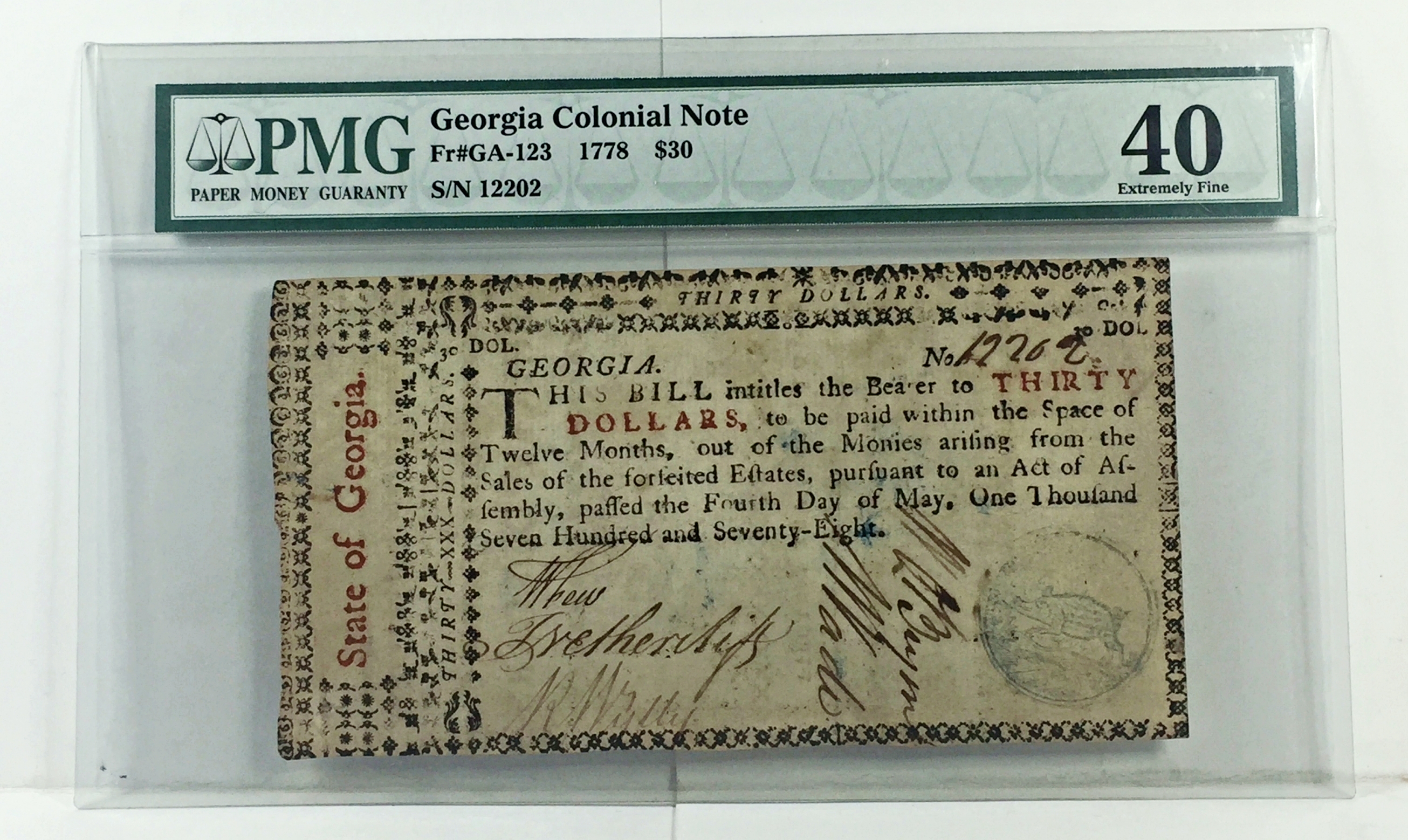 RARE 1778 $30 Georgia Colonial Note Signed by Continental Congressman ...