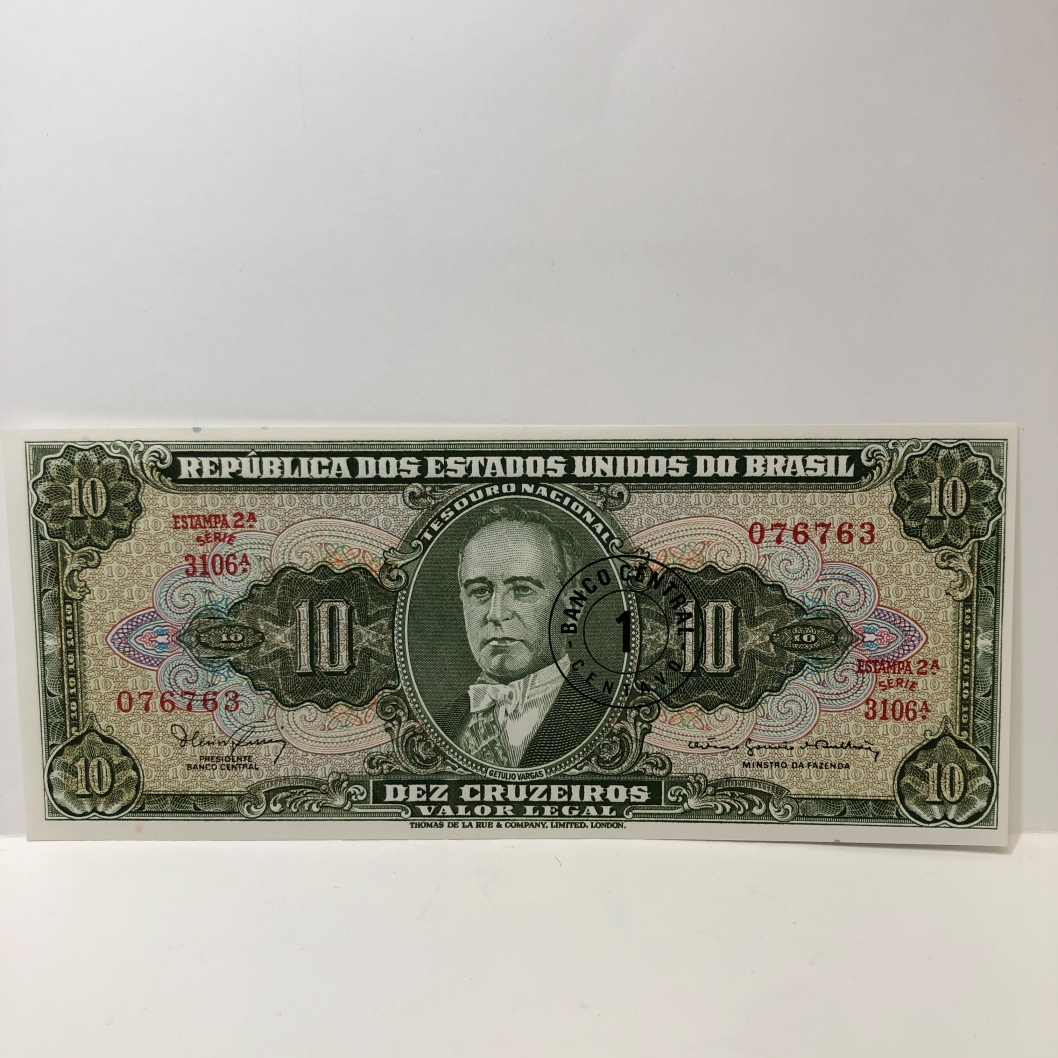 Republic of Brazil 10 Cruzeiros Note with Counterstamp 1 Centavo *Crisp ...