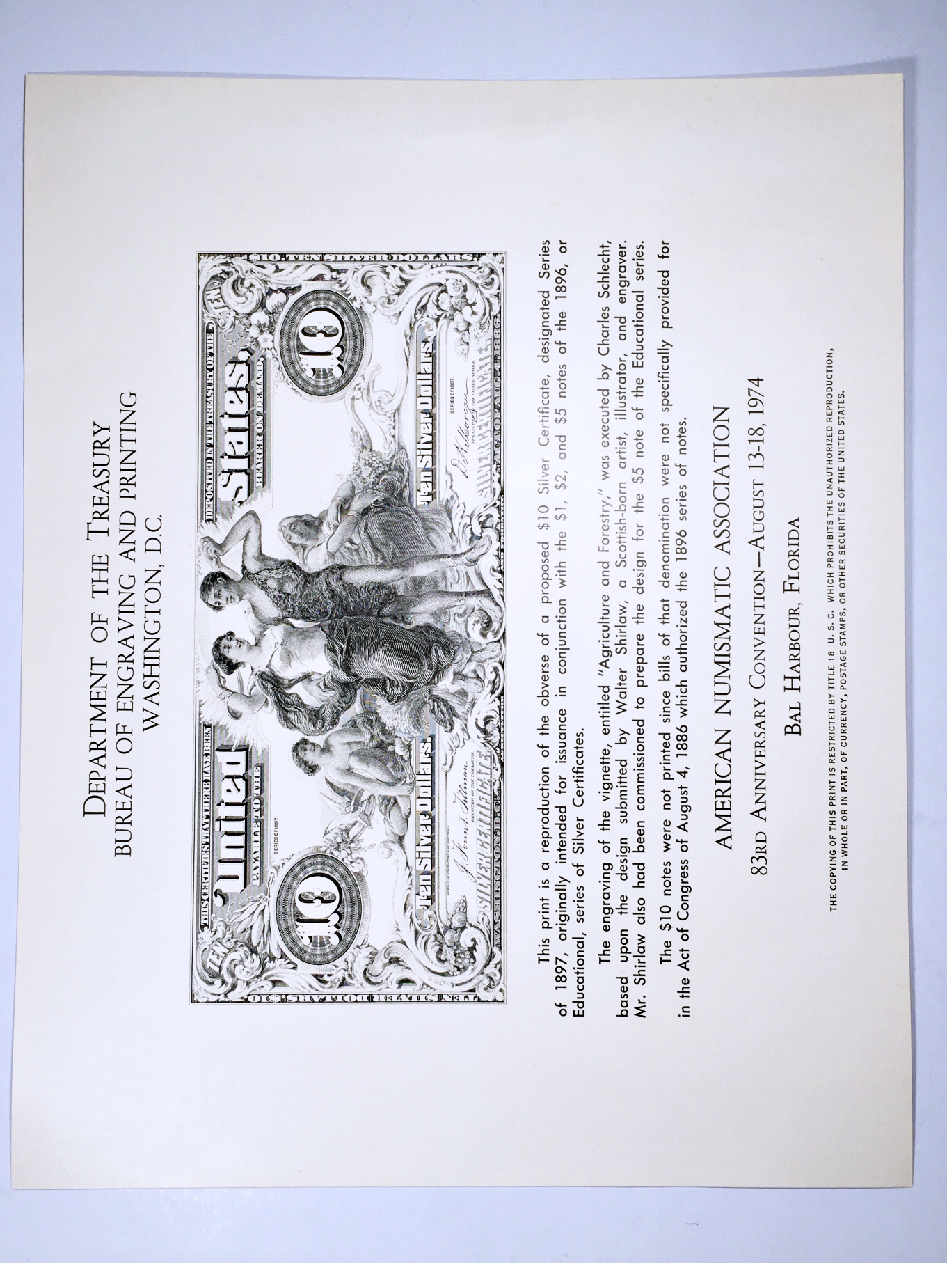 Series 1897 $10 Silver Certificate Replica*Printed by the Bureau of ...