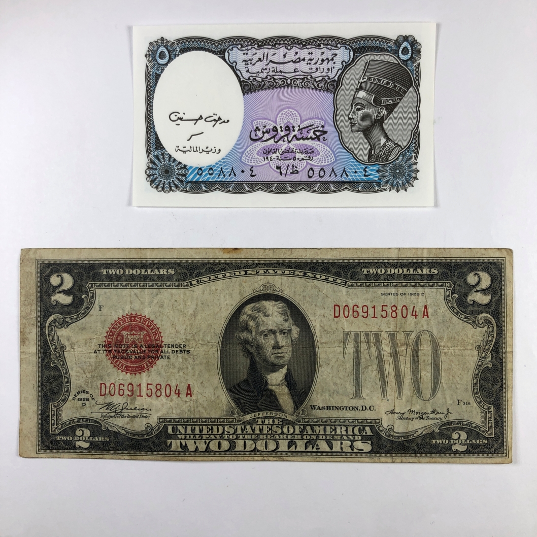 Series 1928D $2 United States Red Seal Note; Circulated*1940 Egypt 5 ...