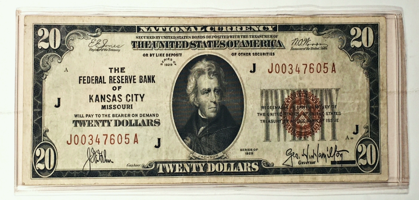 Series 1929 $20 National Currency*Federal Reserve Bank of Kansas City ...