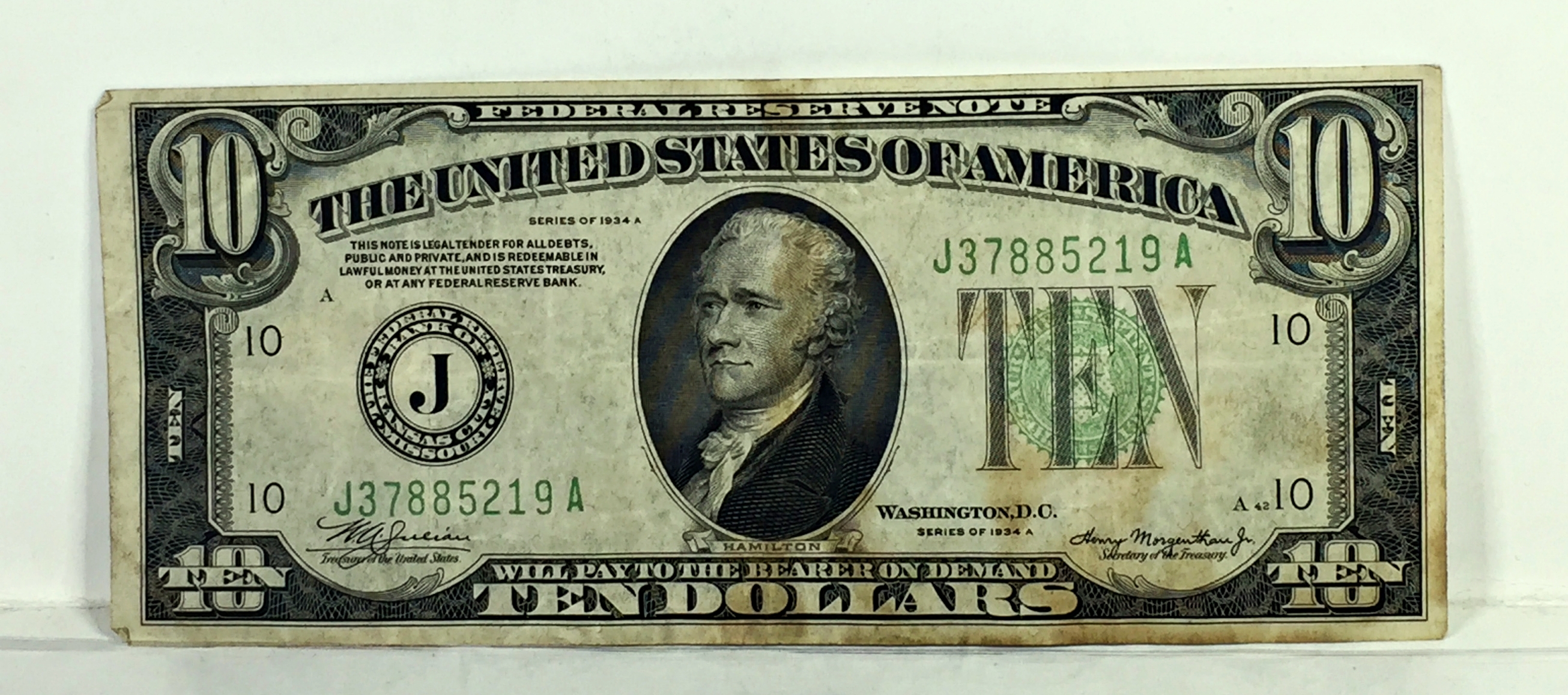 Series 1934A $10 Federal Reserve Note; Kansas City, MO*Circulated*Crisp ...