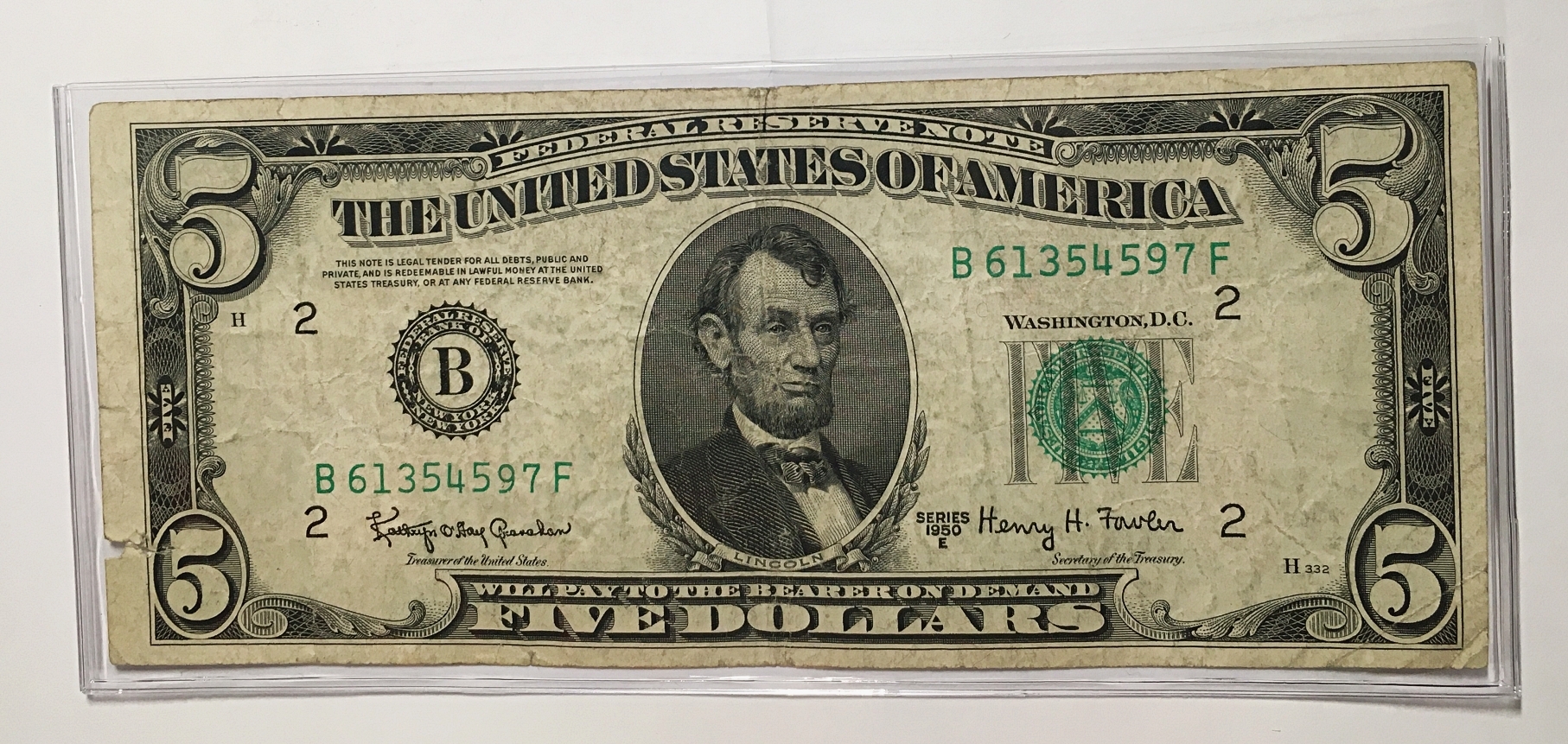 Series 1950E $5 Federal Reserve Note; New York, NY*Circulated*Crisp Paper | Property Room
