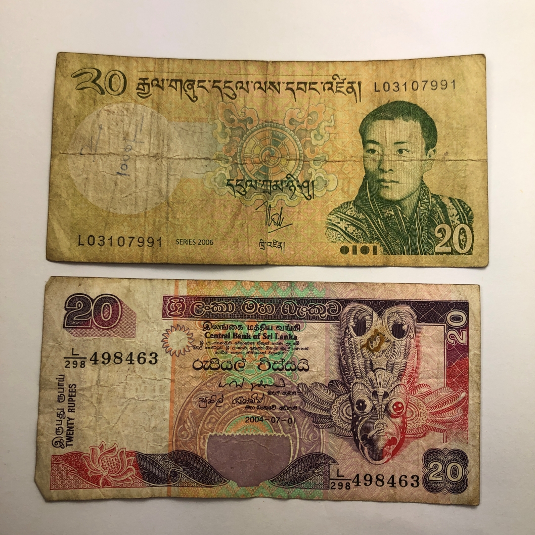 Shri Lanka 20 Rupees and Bhutan 20 Ngultrum notes in Protective Sleeve ...