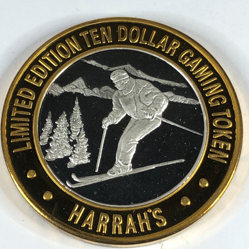SILVER STRIKE*Harrah's*Reno, NV*Skier*$10 Proof Silver Gaming Token ...