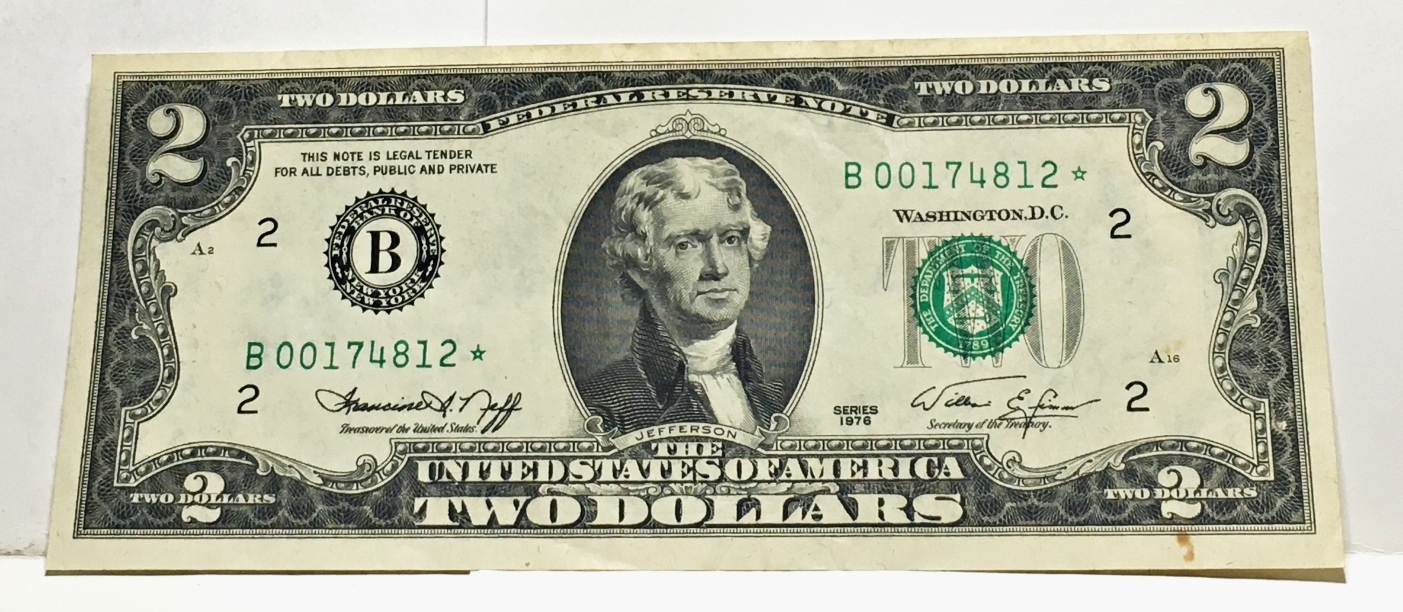 STAR NOTE REPLACEMENT ERROR Series 1976 $2 Federal Reserve Star Note ...