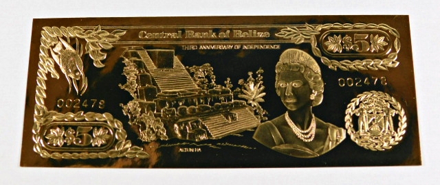 The First Gold Notes of Belize*Minted of 22 K Gold*$5 OCELOT Note ...