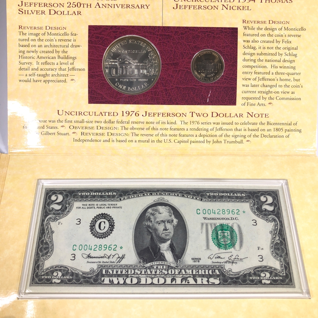 Thomas Jefferson Coin/Currency Set*Series 1976 $2 FRN STAR NOTE Plus ...