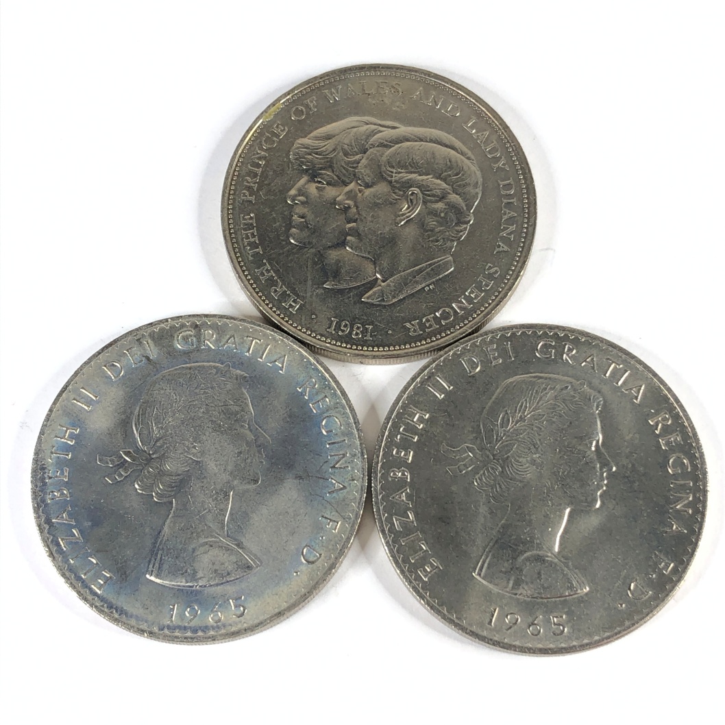 Three Great Britain One Crown Coins: 1965 Churchill and 1981 Prince ...