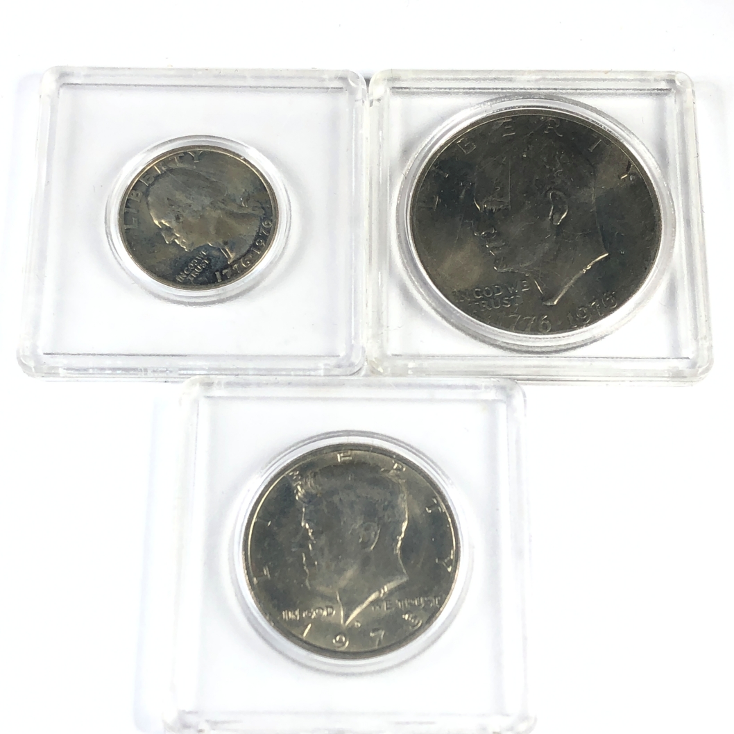 Three Presidential Type Coins: 1976 Washington Quarter, 1976 Ike Dollar ...
